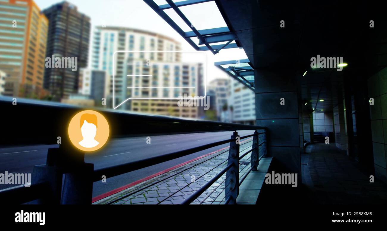 Cityscape with buildings and chat bubble image over urban street scene ...