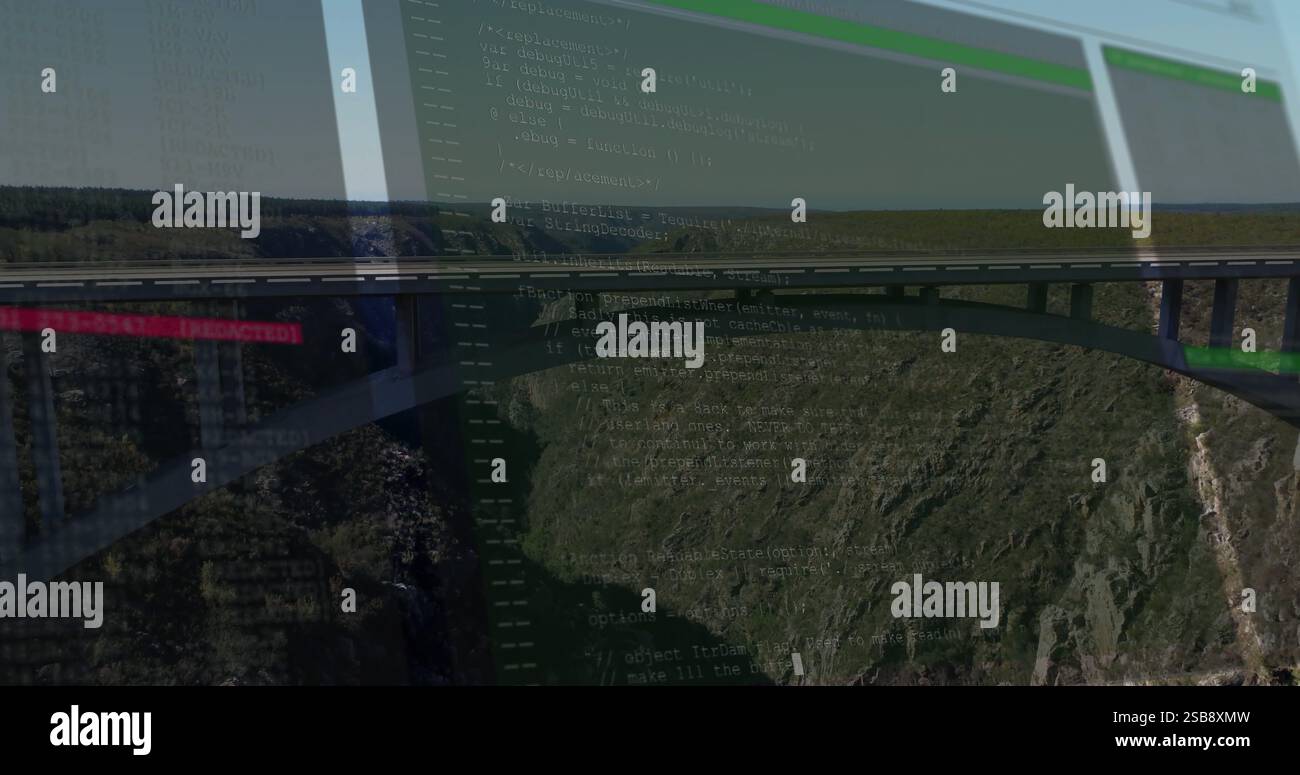 Computer code image over aerial view of bridge and landscape Stock ...