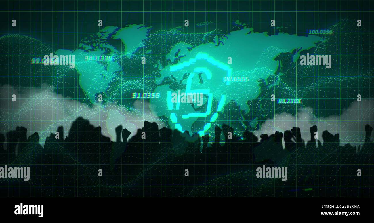 Cybersecurity shield image over world map and crowd of people ...