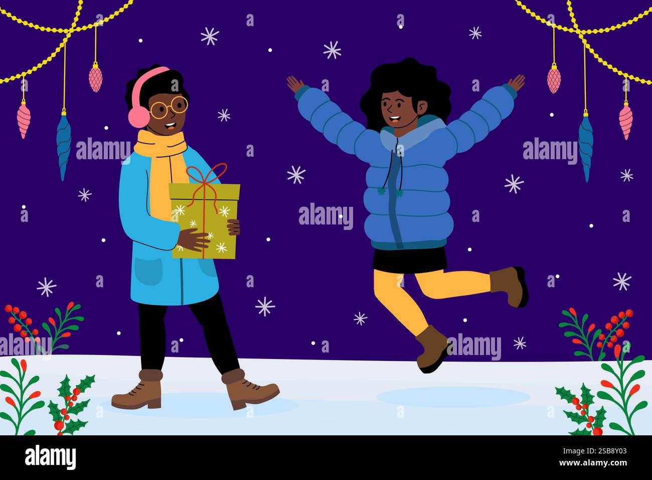 Children delight in holiday season while exchanging gifts under festive ...