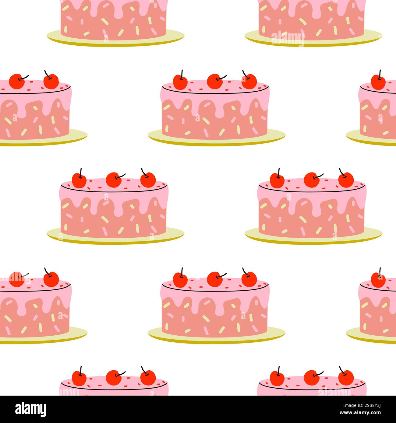 Colorful dessert pattern featuring pink cakes with cherries on top ...