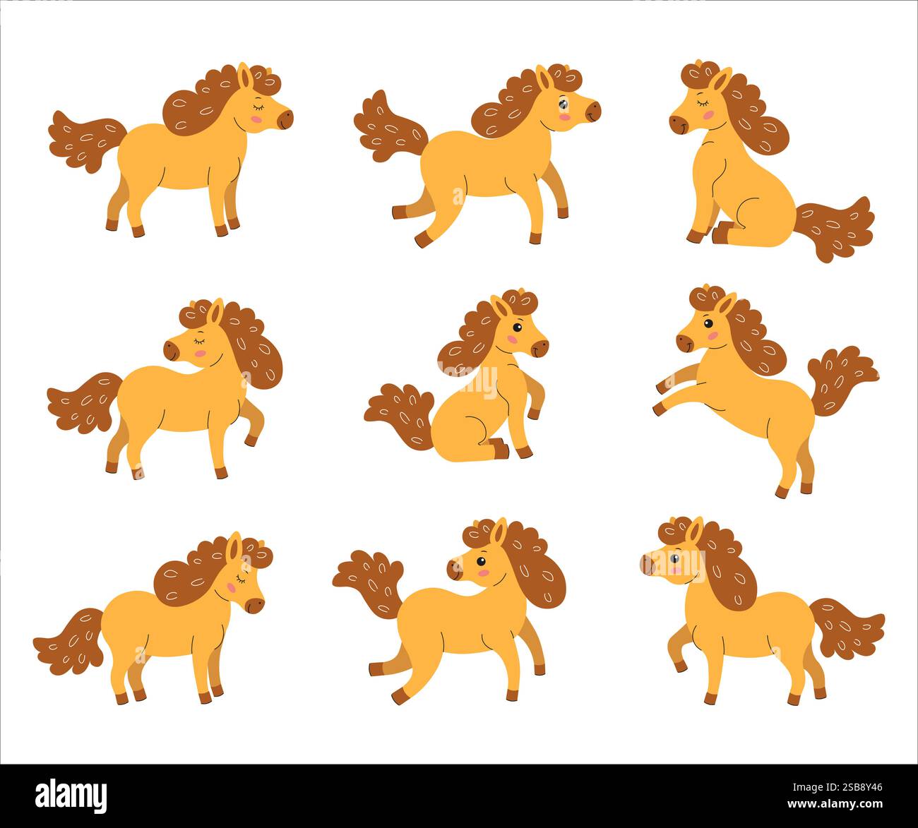 Cute cartoon ponies in various playful poses on a white background ...