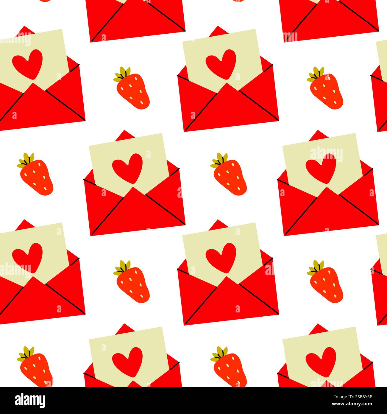 Colorful pattern of red envelopes with heart cards and strawberries on ...