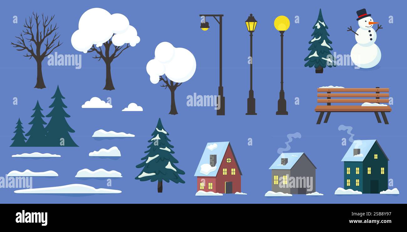 Winter landscape elements featuring snow, trees, and a snowman in a ...