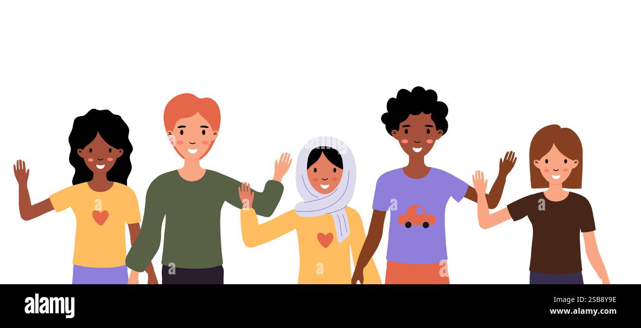 Group of cheerful friends waving hello in a colorful and friendly ...