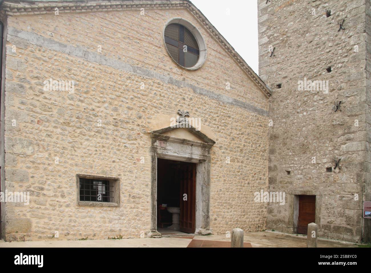 Polcenigo, Italy. Exterior view of the medieval-era Church of St. Rocco ...