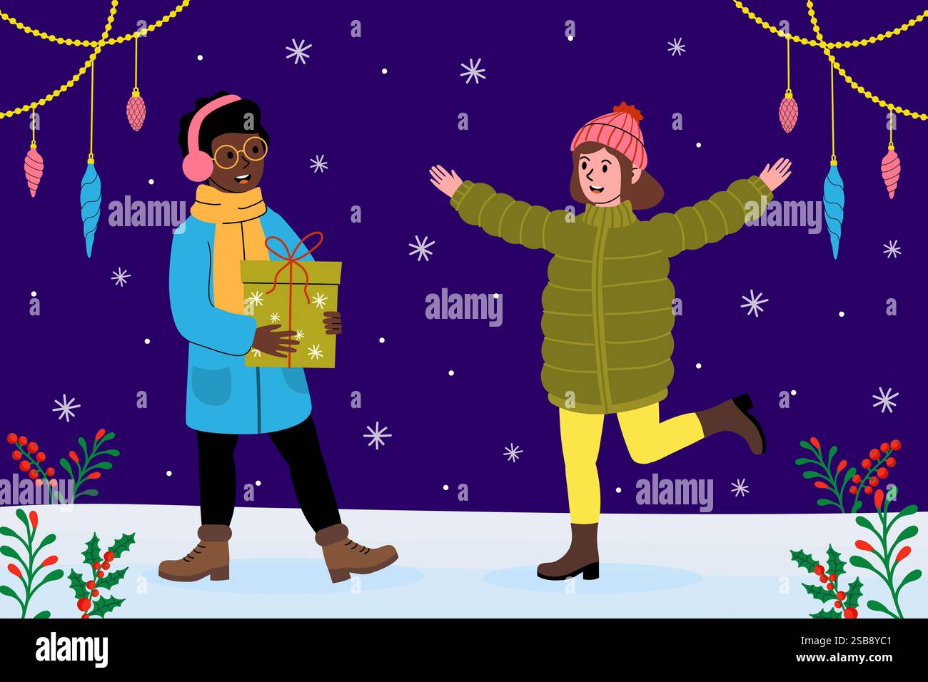 Friends celebrating winter holidays with gifts and joy in a cheerful ...