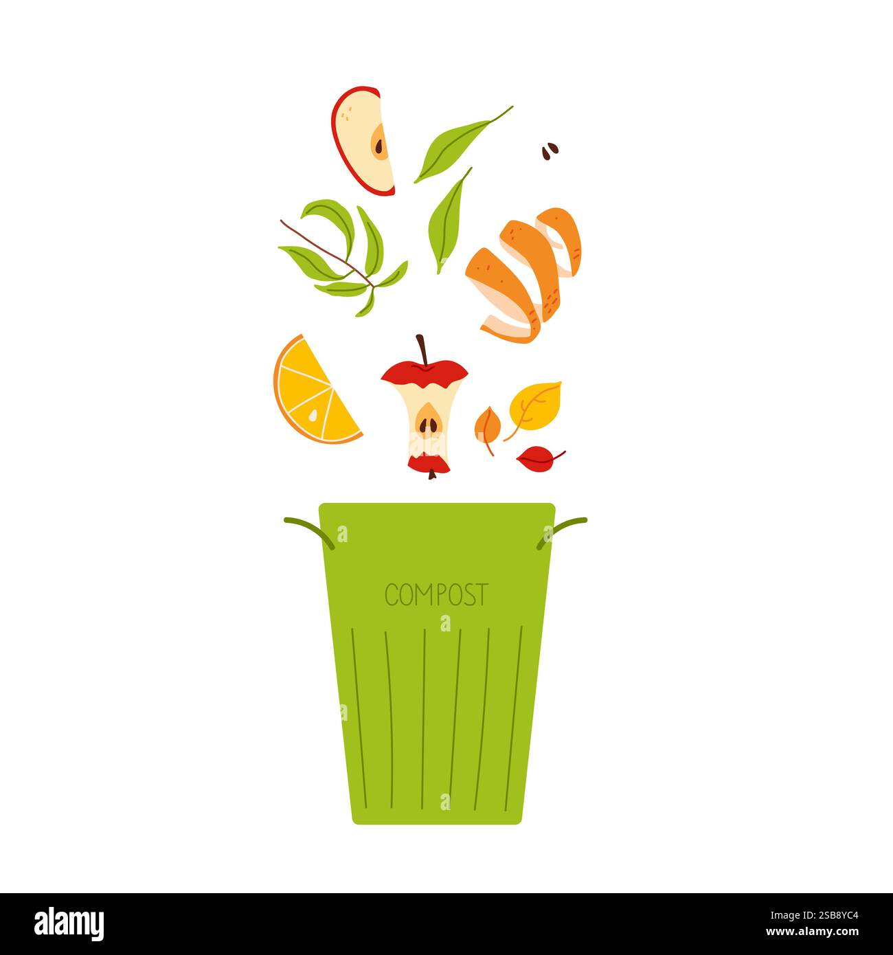 Composting organic waste with fruits and vegetables in a green compost bin for environmental ...