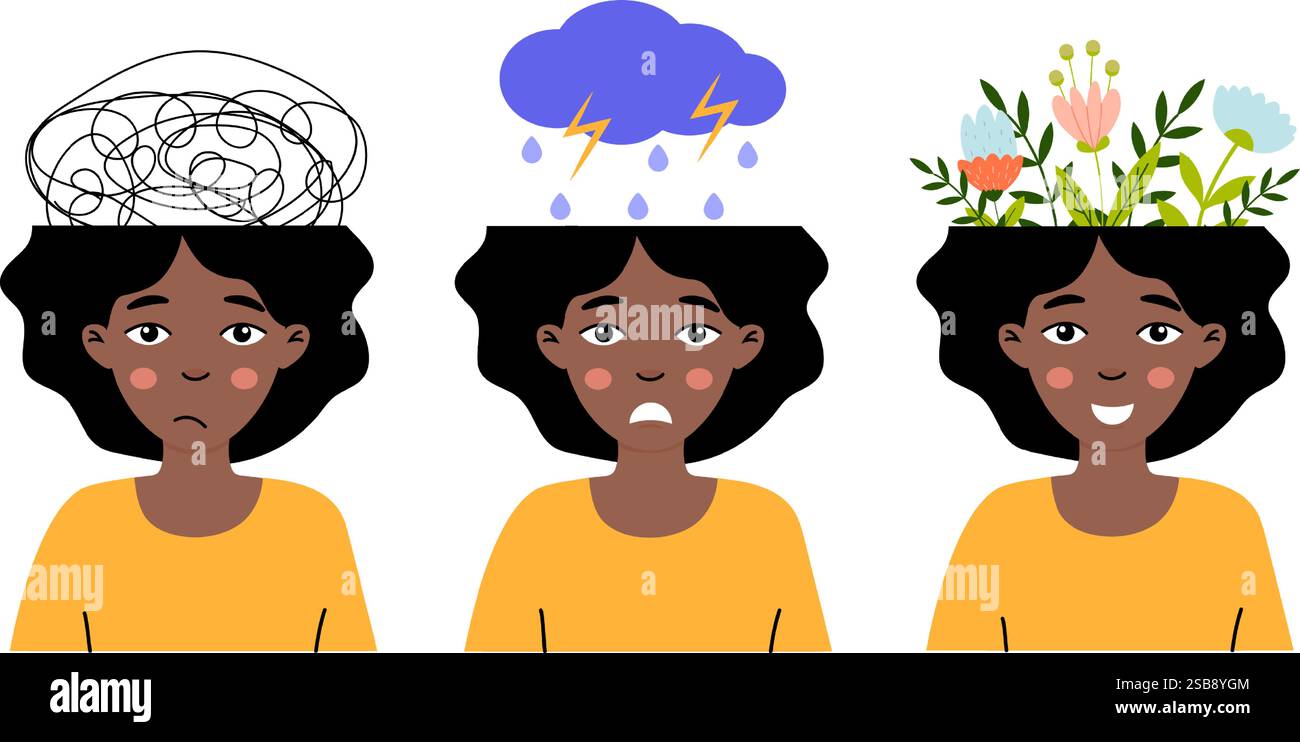 Three stages of emotional change shown in a woman's evolving thoughts ...