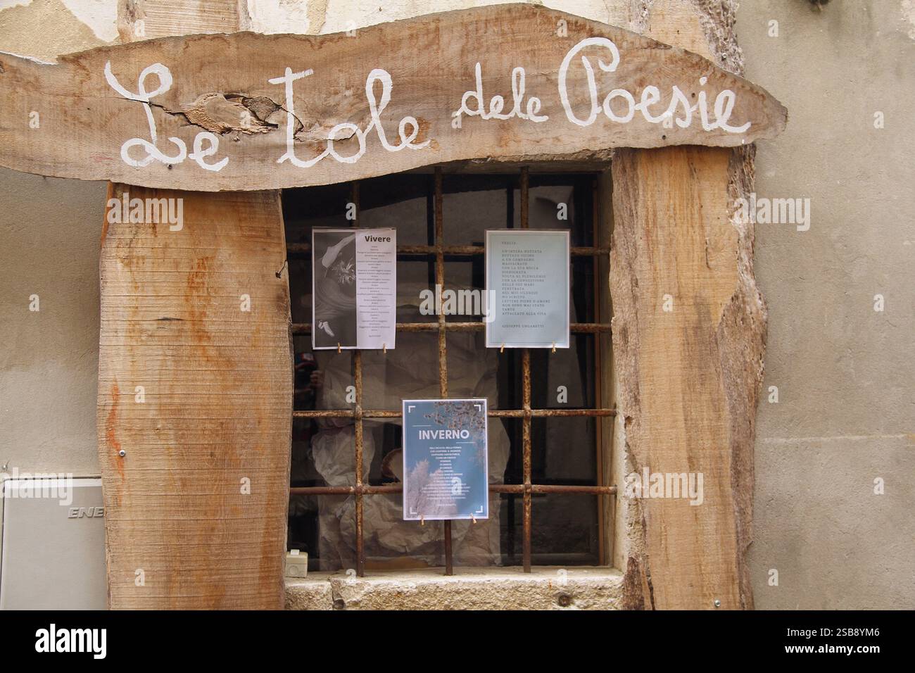 Polcenigo, Italy. Poems by local residents displayed in a public space ...