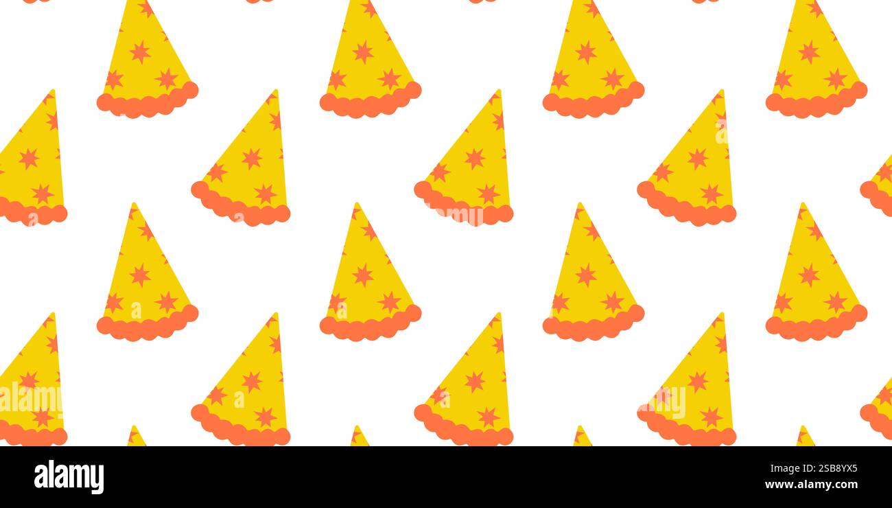 Colorful party hats in repeating pattern decorate a festive background ...