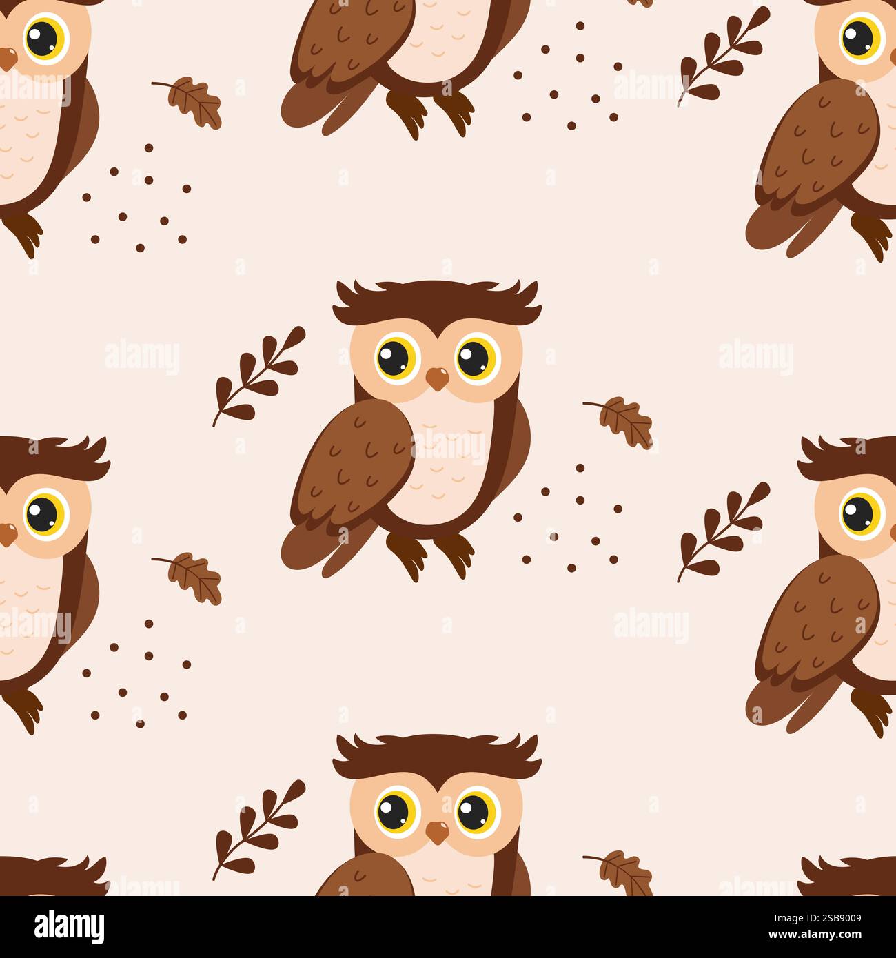 Pattern of cute cartoon owls among leaves and acorns on a light ...