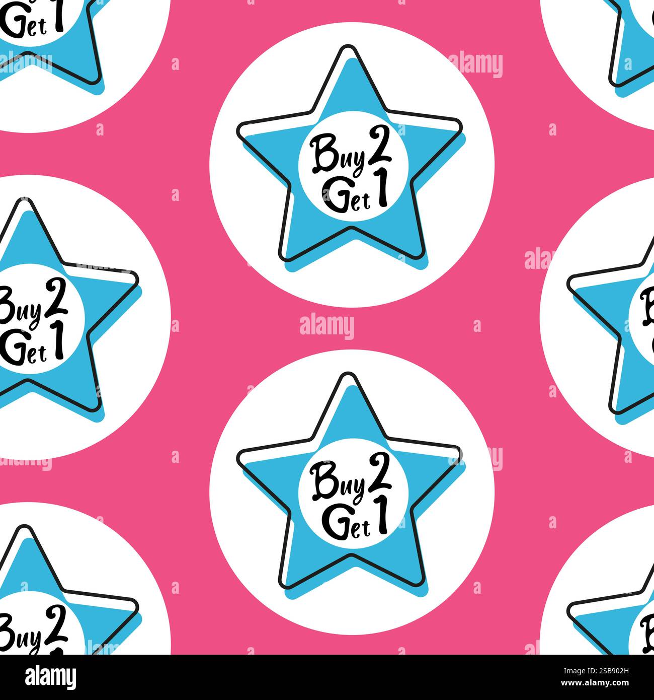 Promotional stickers featuring buy two get one free offers on a bright ...