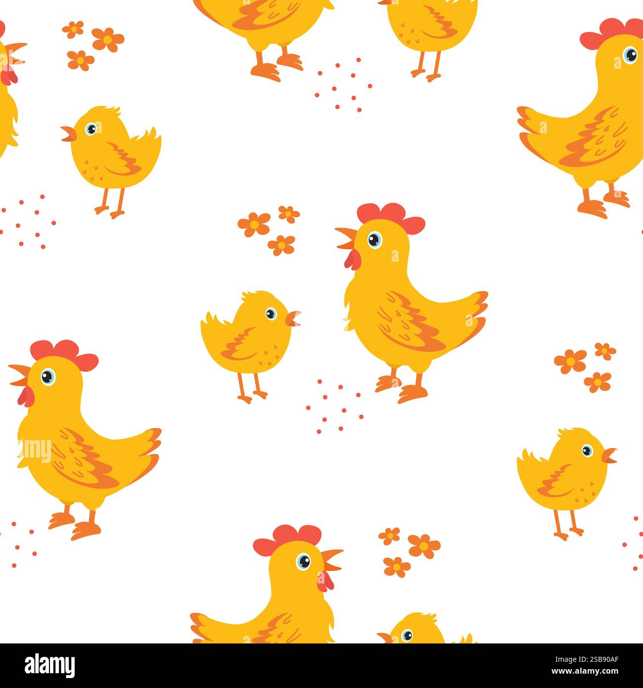 Bright yellow chickens and chicks in a playful pattern on a white ...