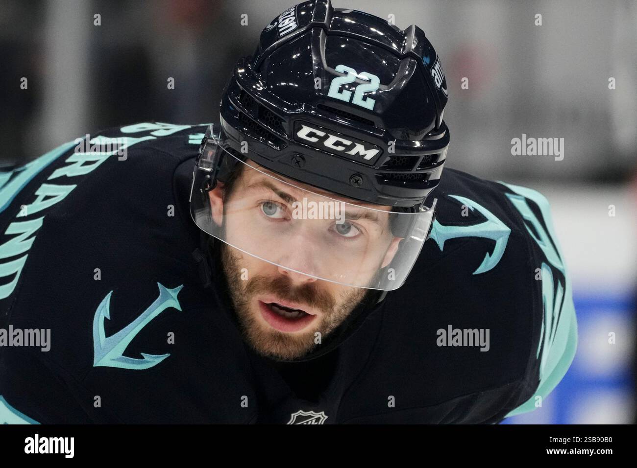 Seattle Kraken right wing Oliver Bjorkstrand (22) looks on against the ...