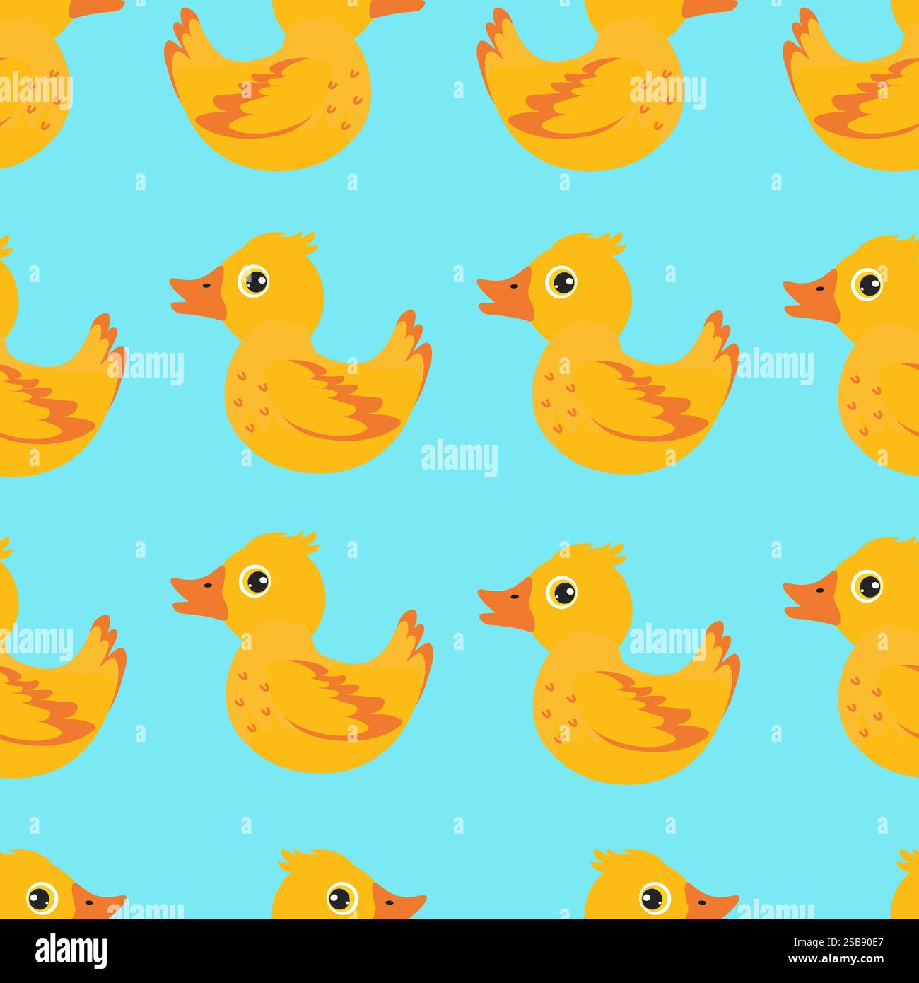 Bright yellow ducks swim in a playful pattern against a blue background ...