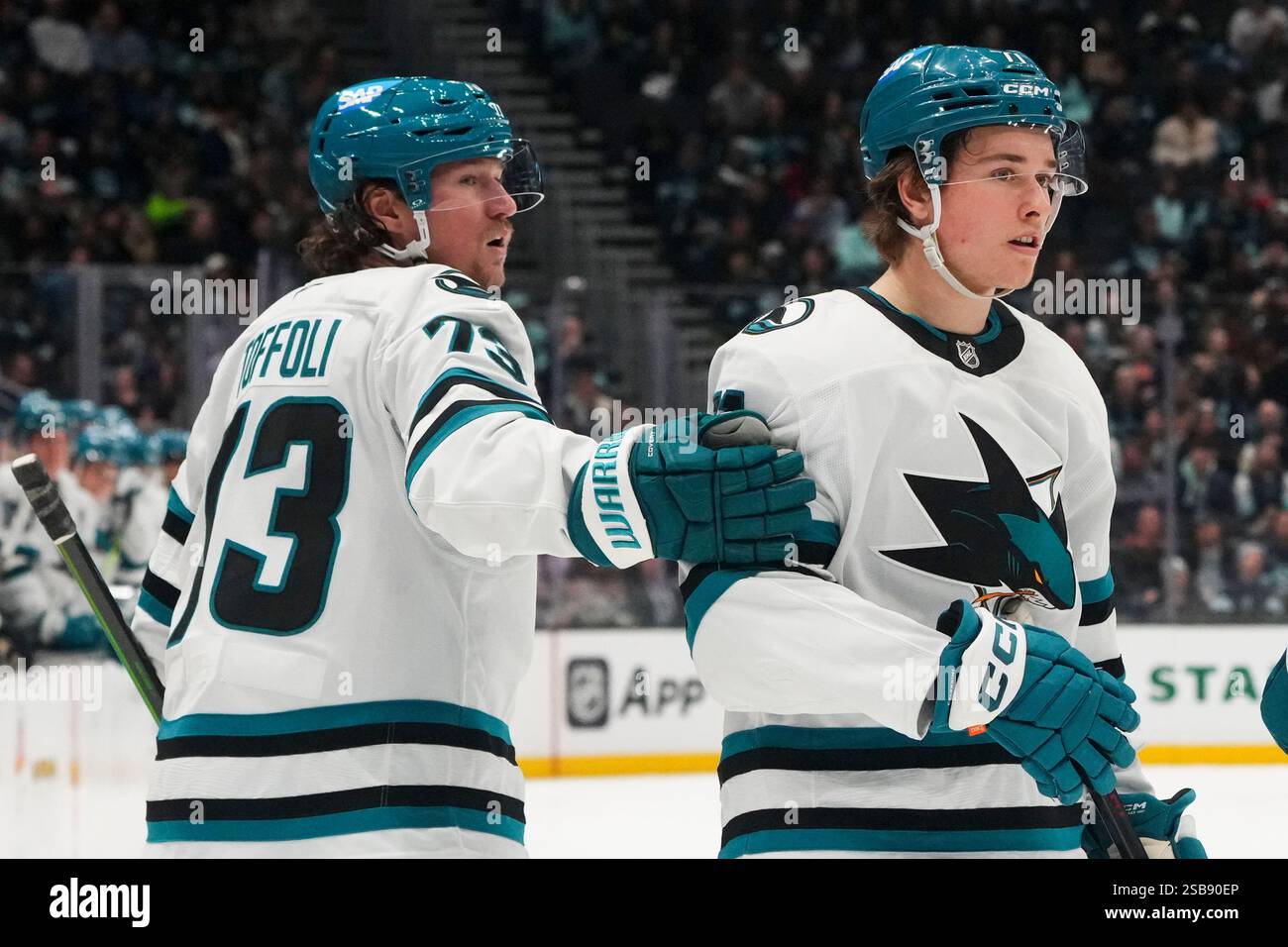 San Jose Sharks center Tyler Toffoli (73) reaches out to center Macklin ...