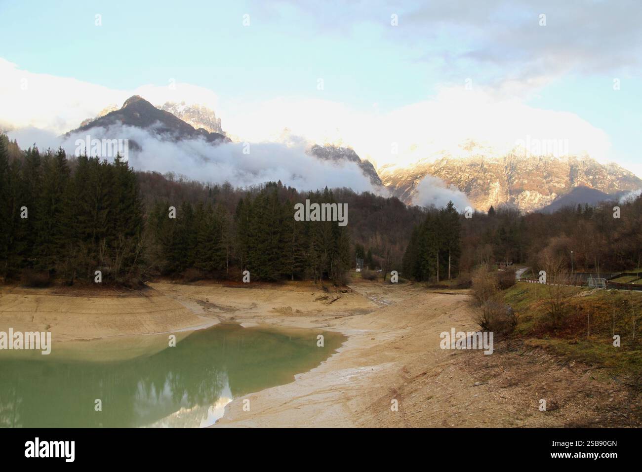 Barcis, Italy. View of Barcis Lake half emptied in wintertime, with the ...
