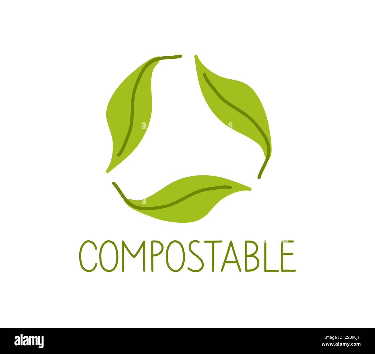 A simple green symbol with leaves indicating compostable materials for ...