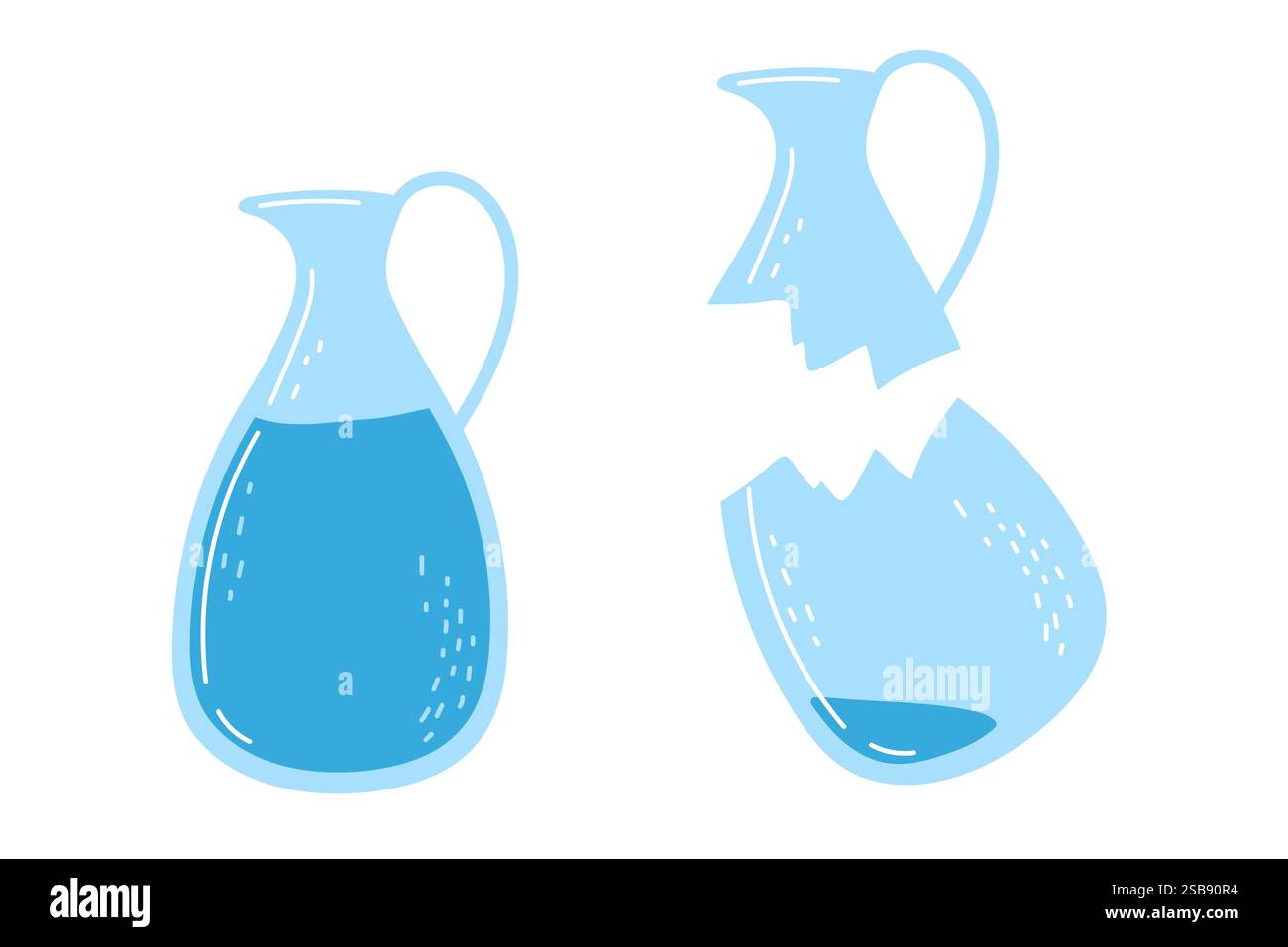 Blue water pitcher filled and broken pitcher side by side illustrating ...