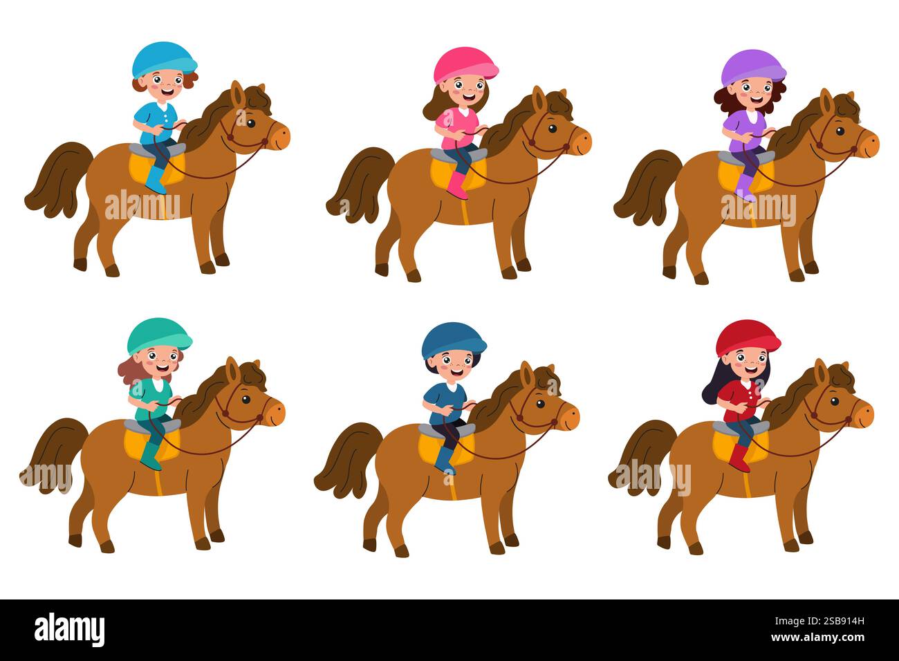 Kids having fun riding horses in a colorful and cheerful outdoor ...