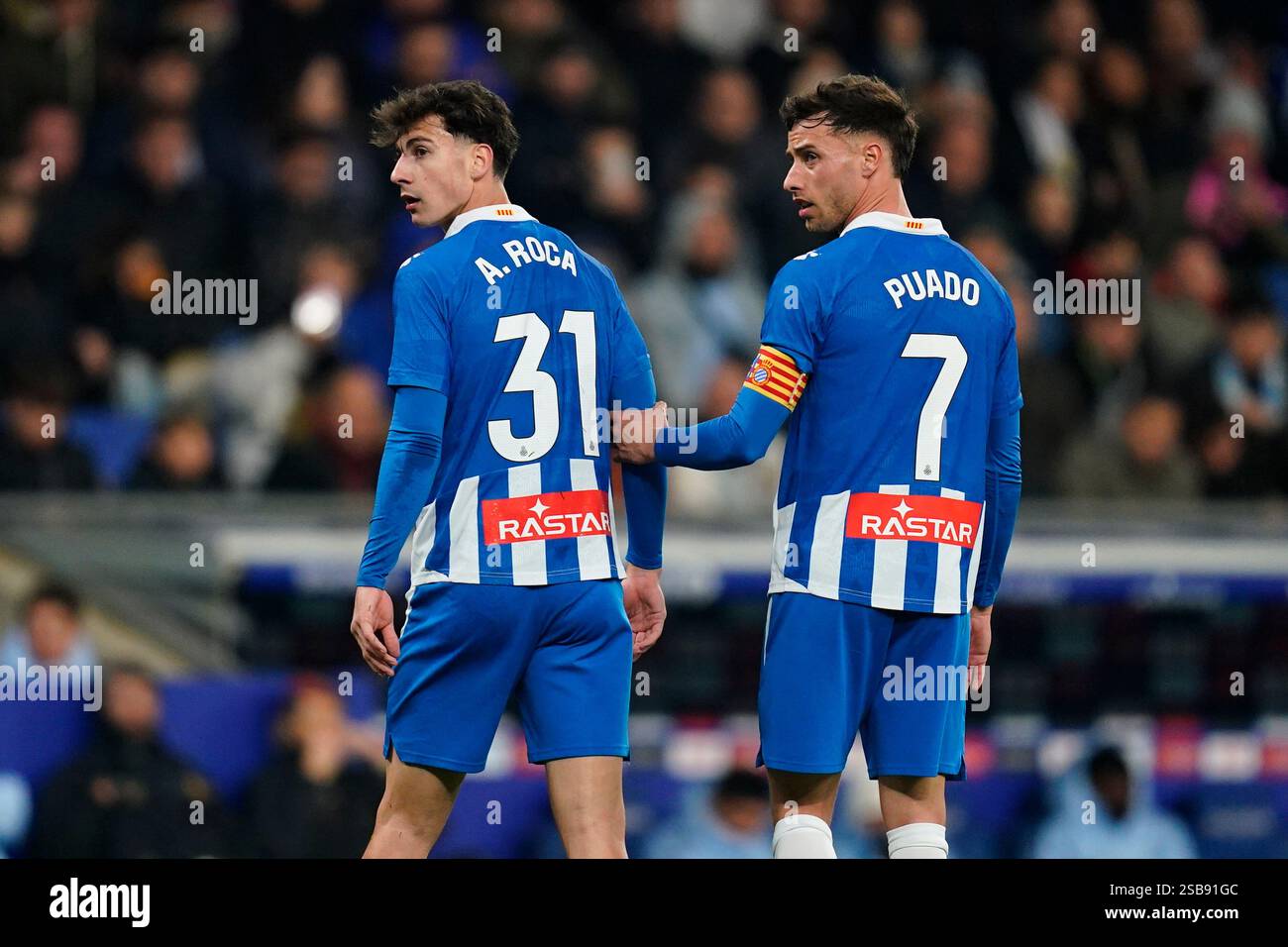 Barcelona, Spain. 01st Feb, 2025. Javi Puado and Antoniu Roca of RCD ...