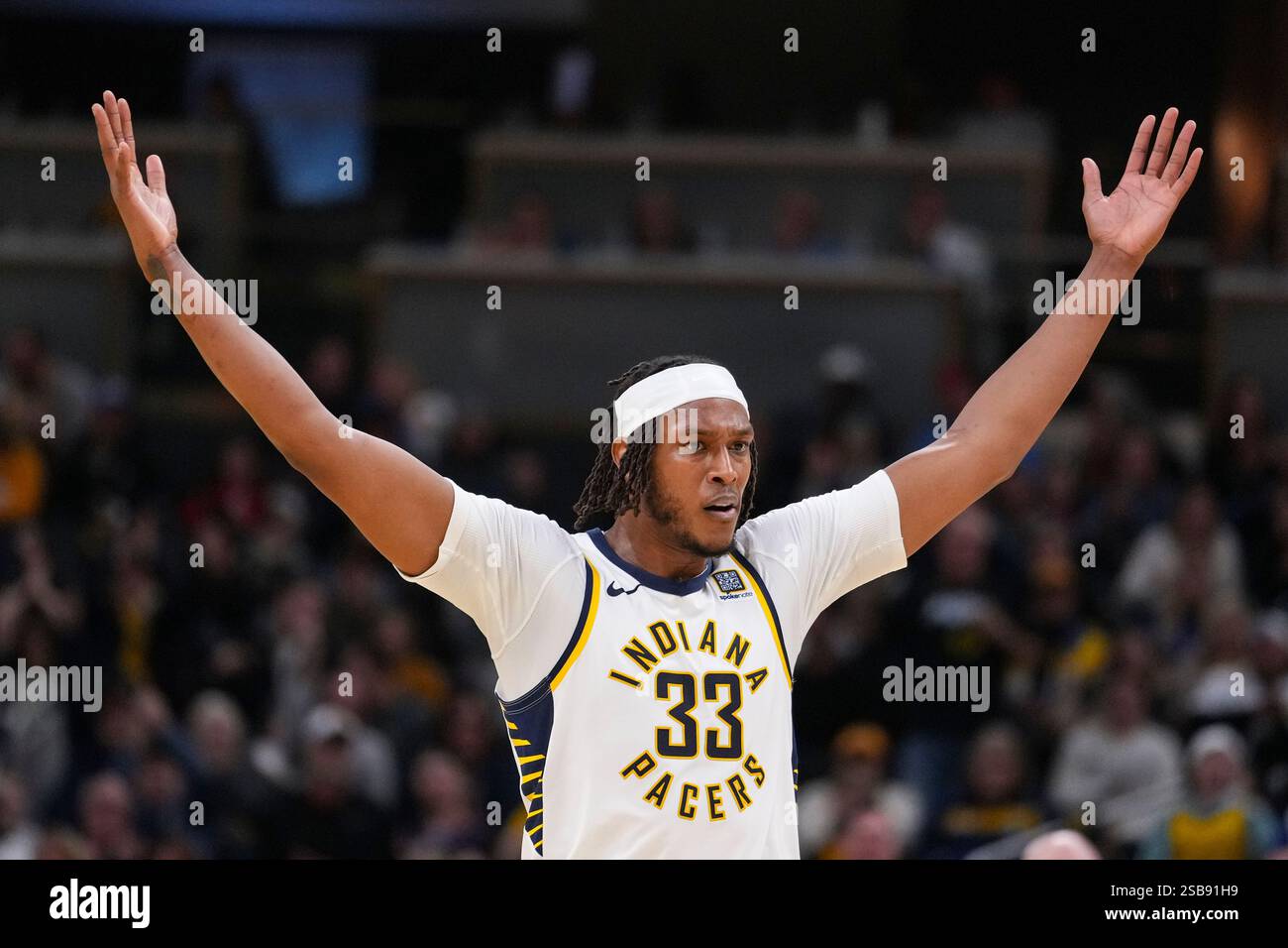 Indiana Pacers center Myles Turner (33) celebrates during the second ...