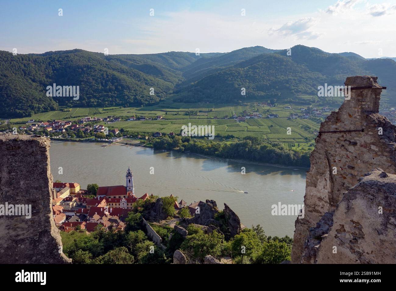Landscape with castle stone ruins, Durnstein city in Austria at sunset ...