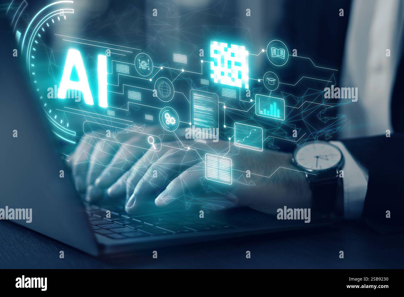 Artificial Intelligence Man Using Laptop At Table Closeup Scheme With Ai And Other Icons Over