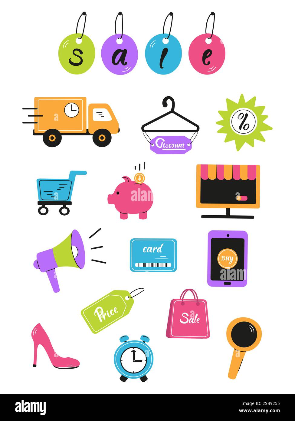 Creative sale illustration features shopping elements and promotions in ...