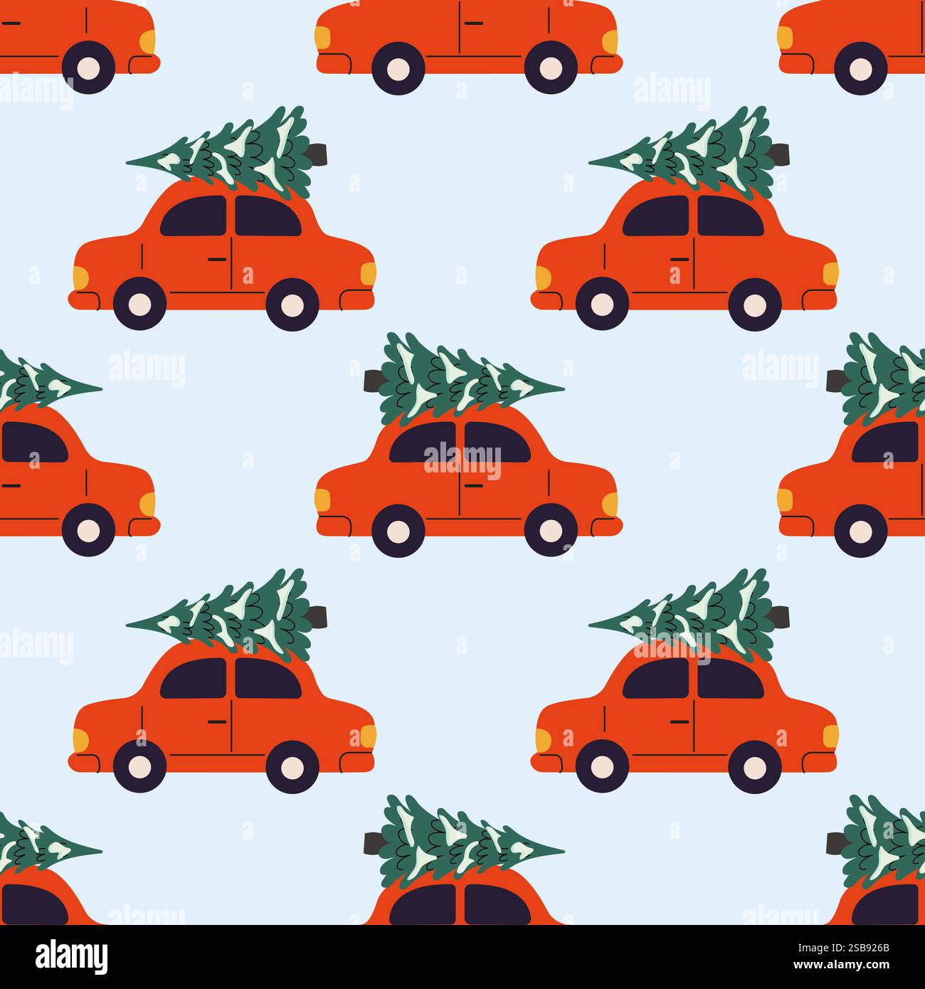 Festive red cars carrying Christmas trees on a light blue background in ...