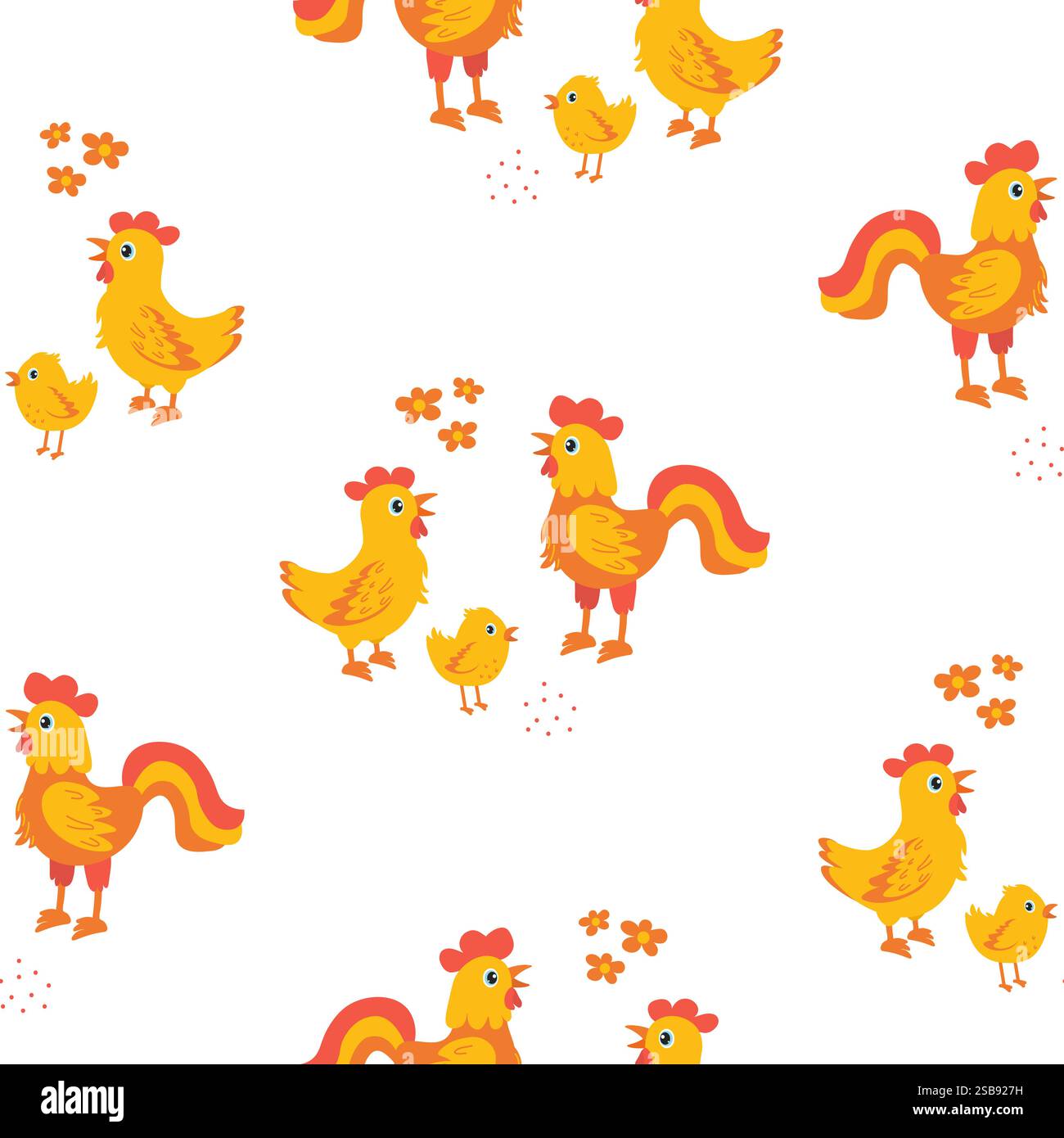 Colorful farmyard poultry pattern with chickens and roosters on a white ...