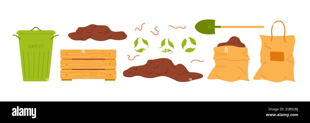 Composting materials and tools for effective waste recycling in a local garden setup Stock ...