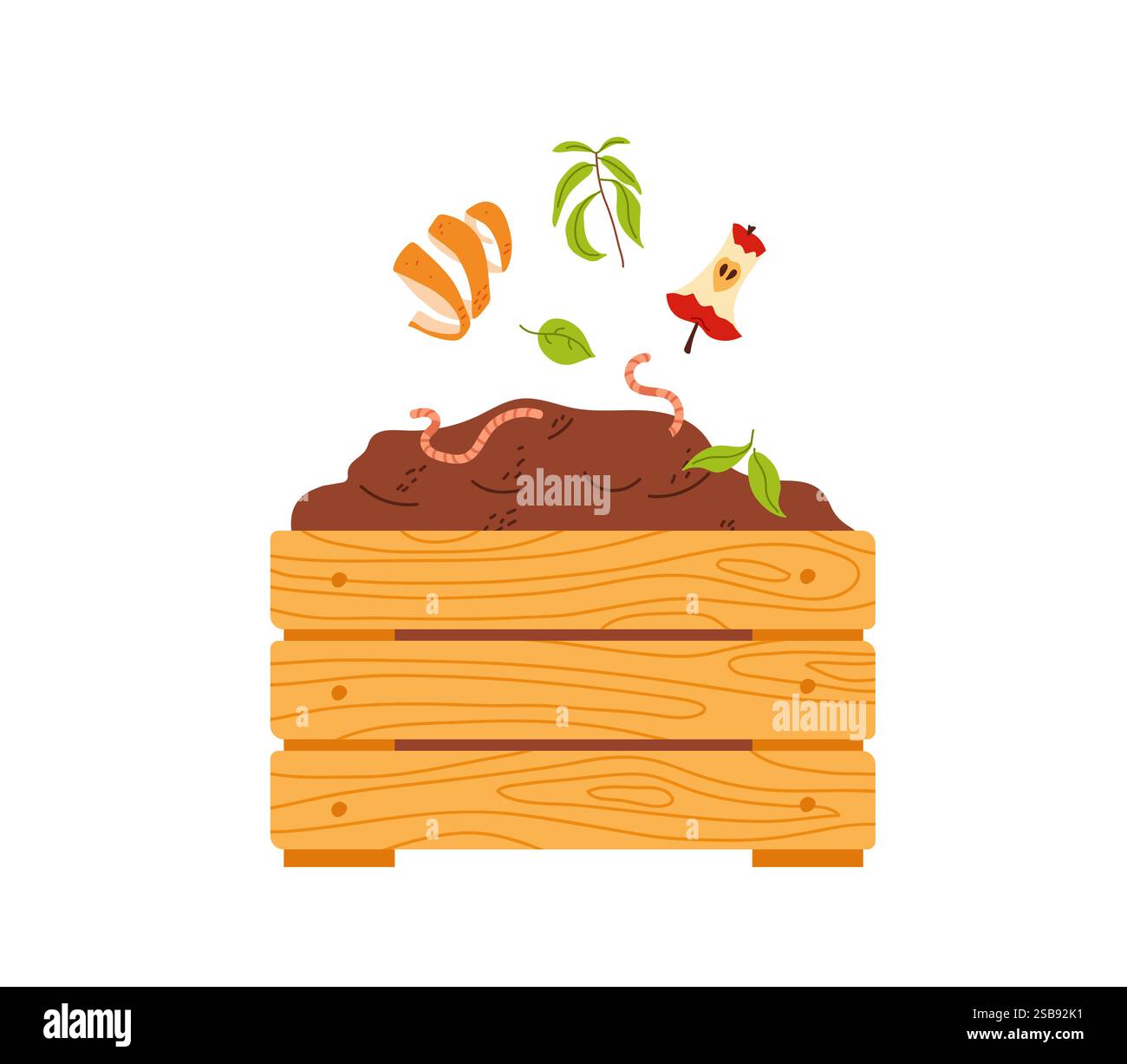Composting process with organic materials and worms in a wooden bin ...