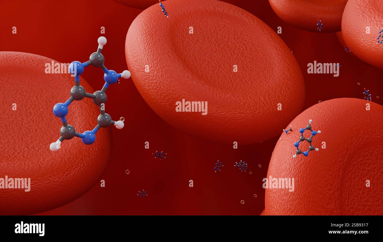 3D rendering of uric acid molecules and red blood cells. Hyperuricemia ...