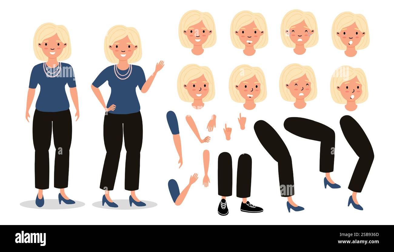 Vector illustrations of a cartoon woman with various poses and facial ...