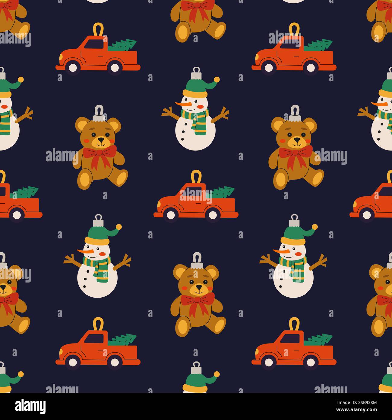 Colorful holiday pattern featuring teddy bears, snowmen, and red trucks ...