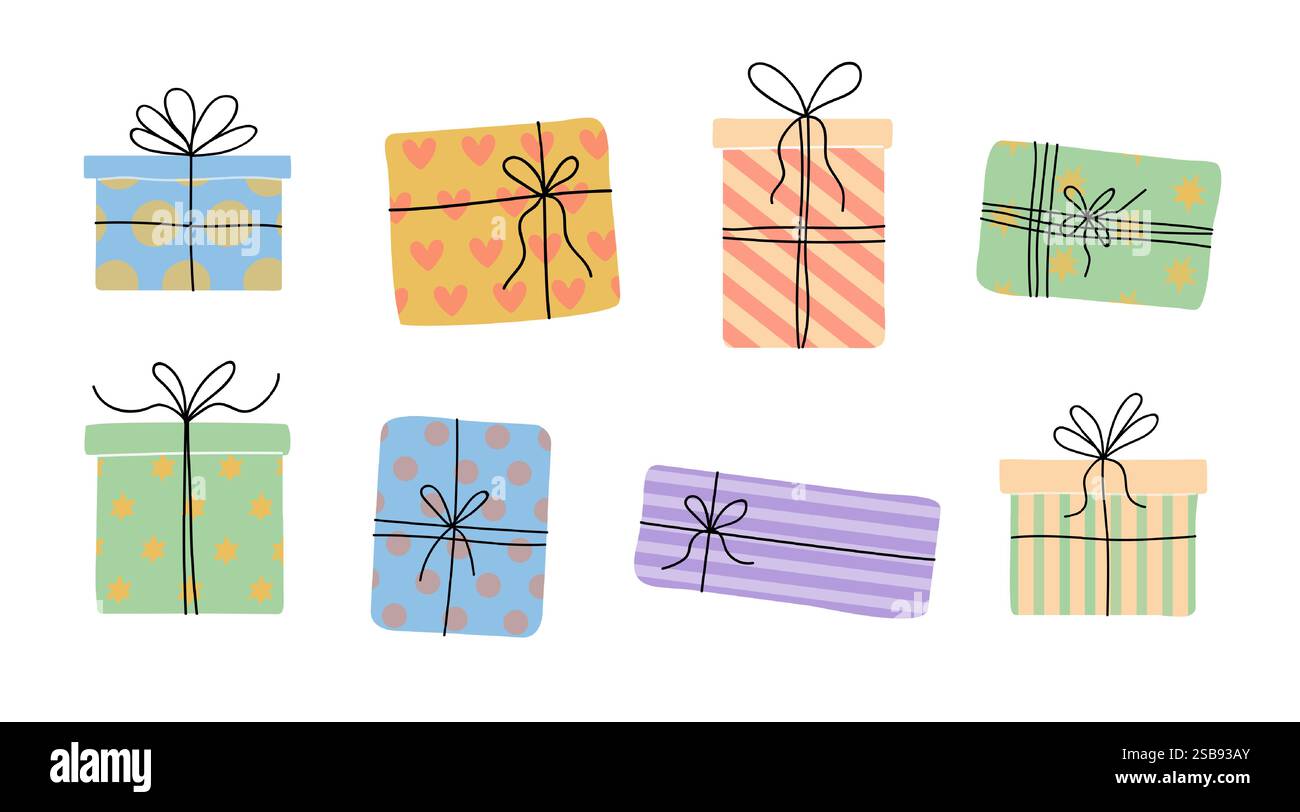 Colorful gift boxes arranged in a playful layout on a white background ...