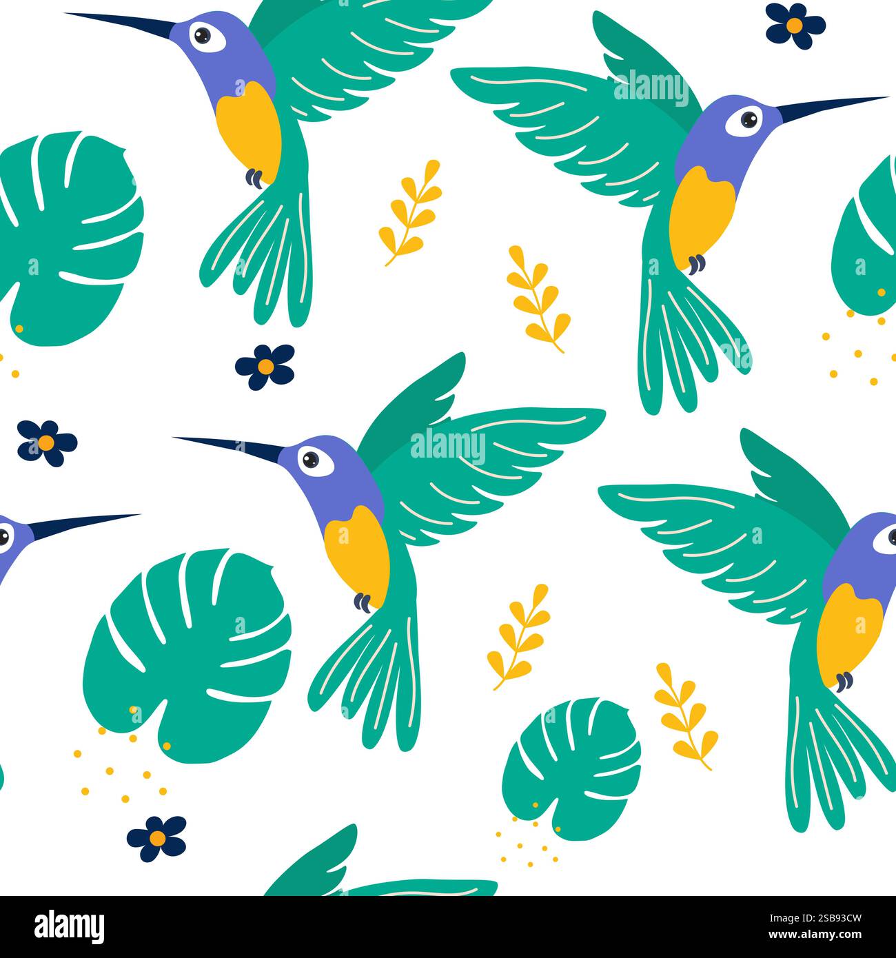 Colorful hummingbirds and tropical plants create a vibrant, lively pattern on a white background ...