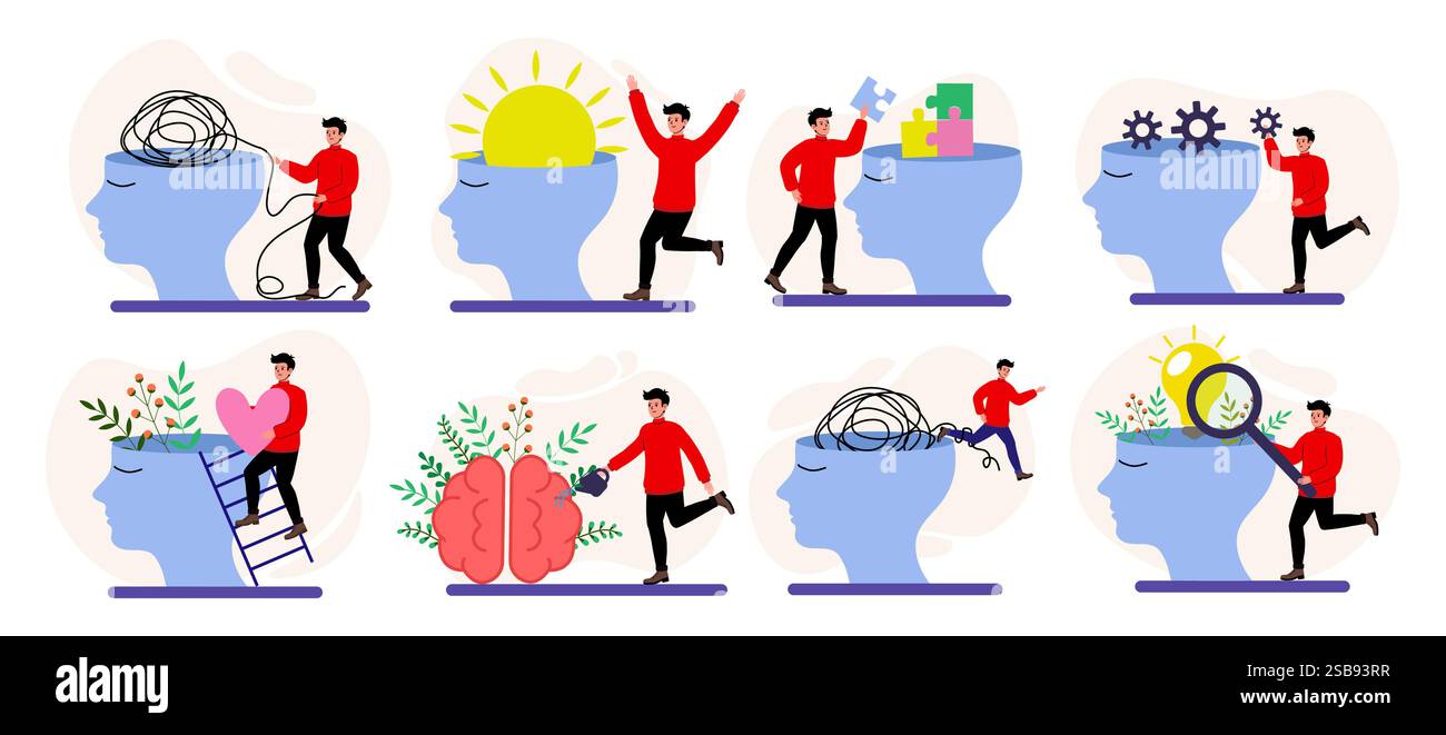 Mindfulness and mental health concepts illustrated through colorful ...