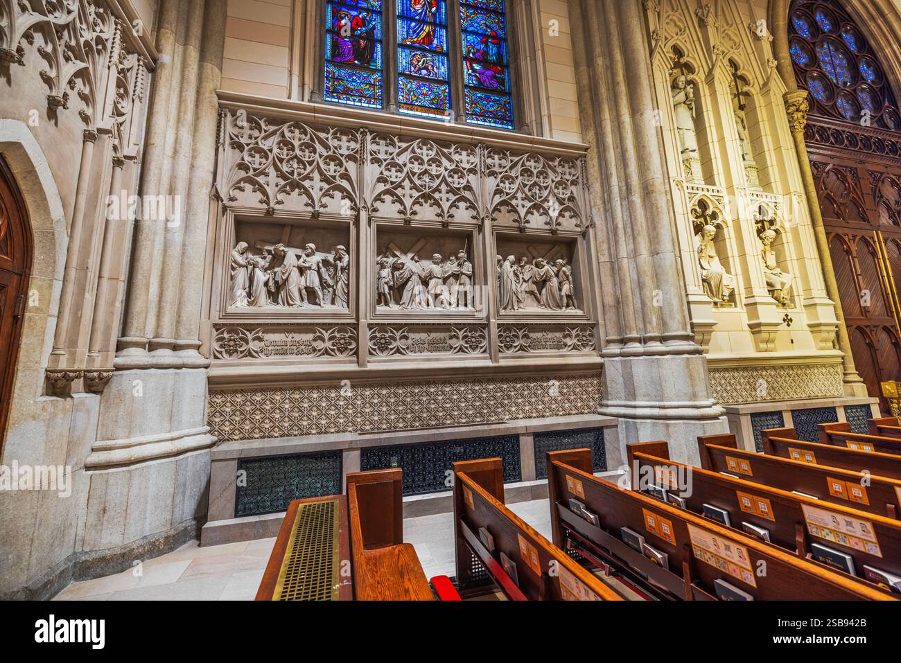 Stone relief depicting biblical scenes inside St. Patrick’s Cathedral ...