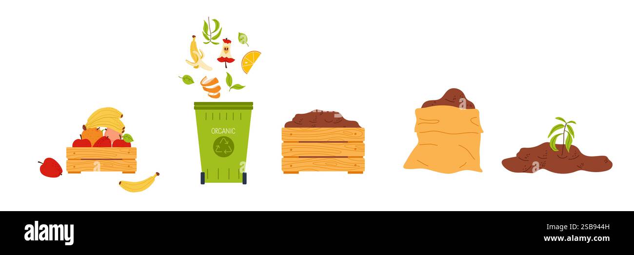 Composting process illustrated with fruit scraps, bins, and natural ...