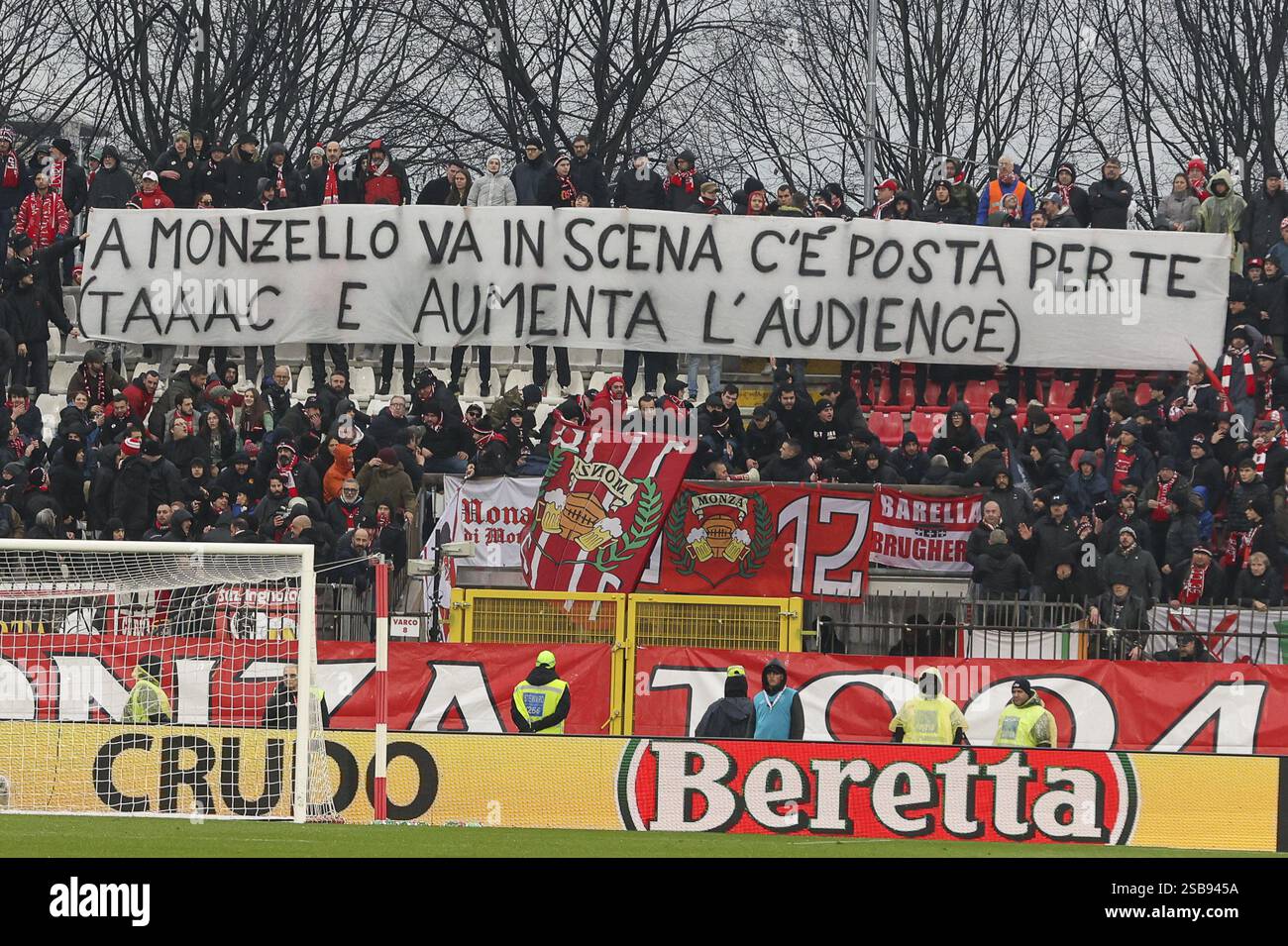 Monza, Italy. 01st Feb, 2025. Monza fans show banner against Comany ...