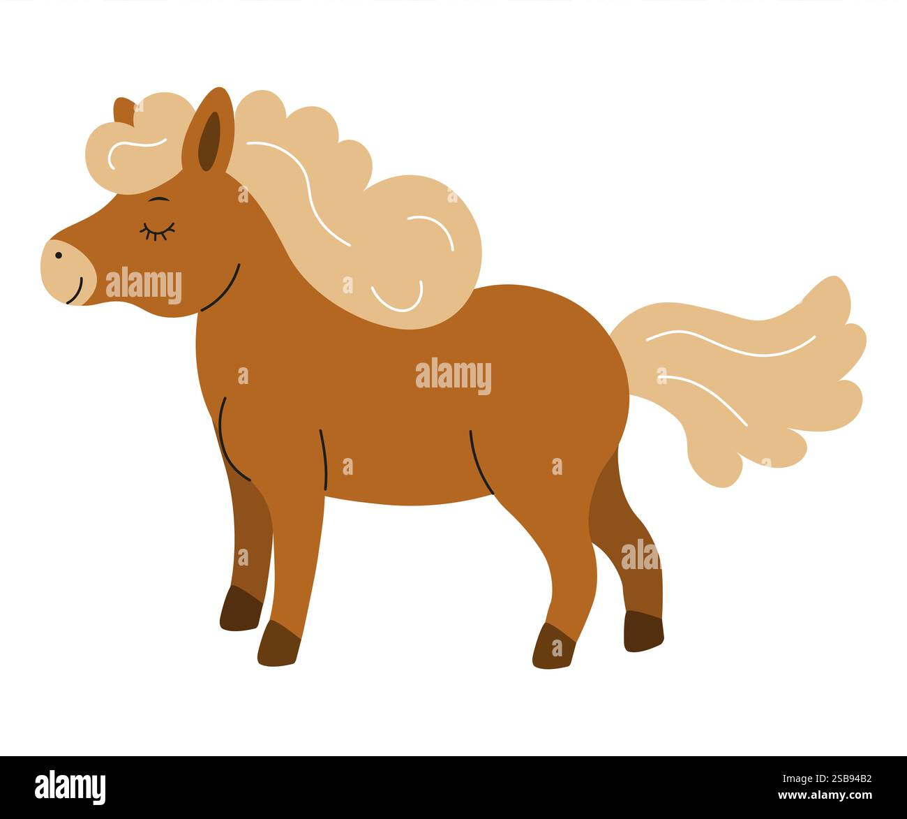 Cute brown pony with curly mane standing peacefully in a cheerful ...
