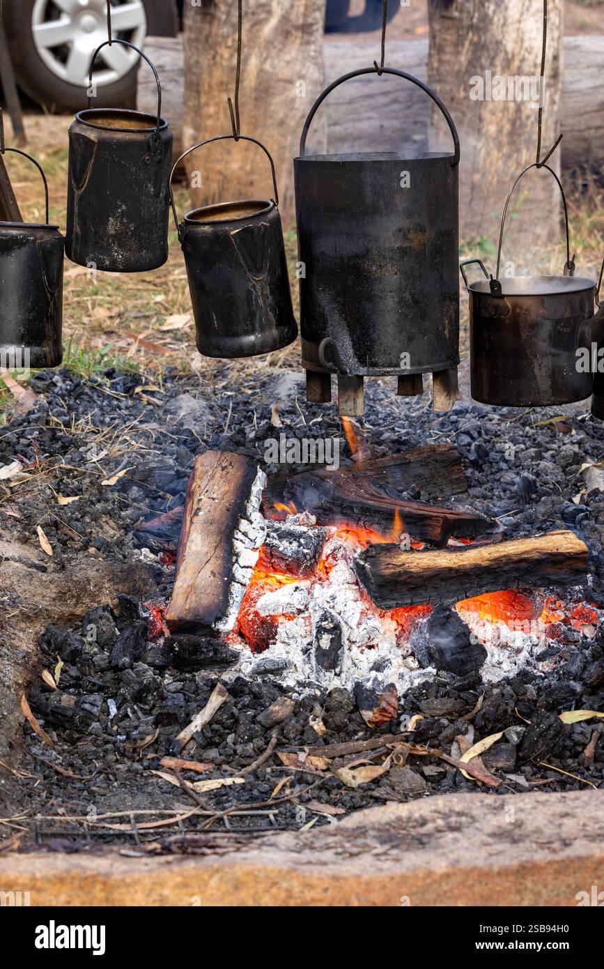 billys six over log fire campfire boiling tea coffee bush breakfast ...
