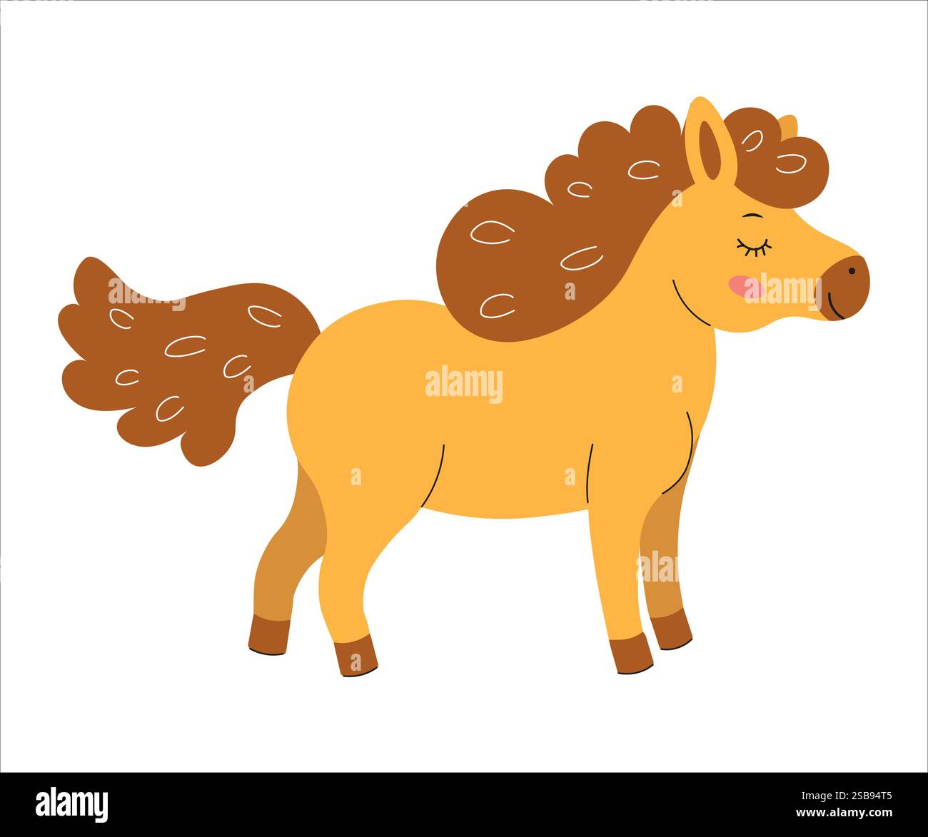 Cute cartoon horse with a wavy mane standing peacefully on a white ...