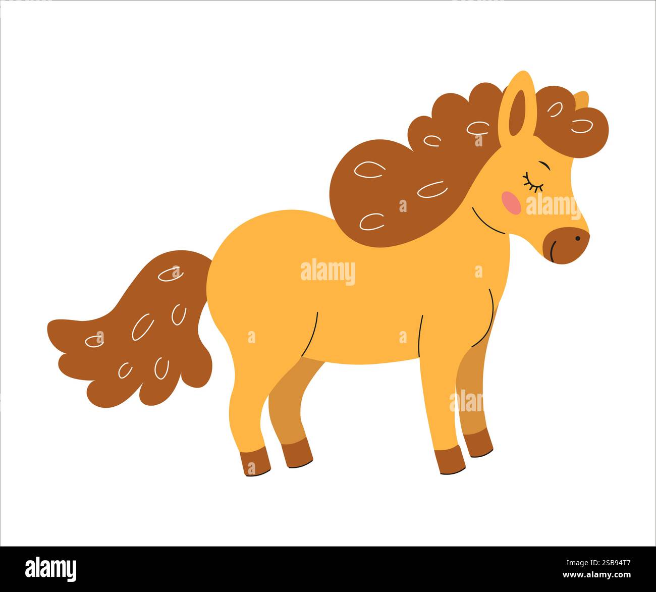 Sweet cartoon pony with a curly mane standing peacefully on a plain ...
