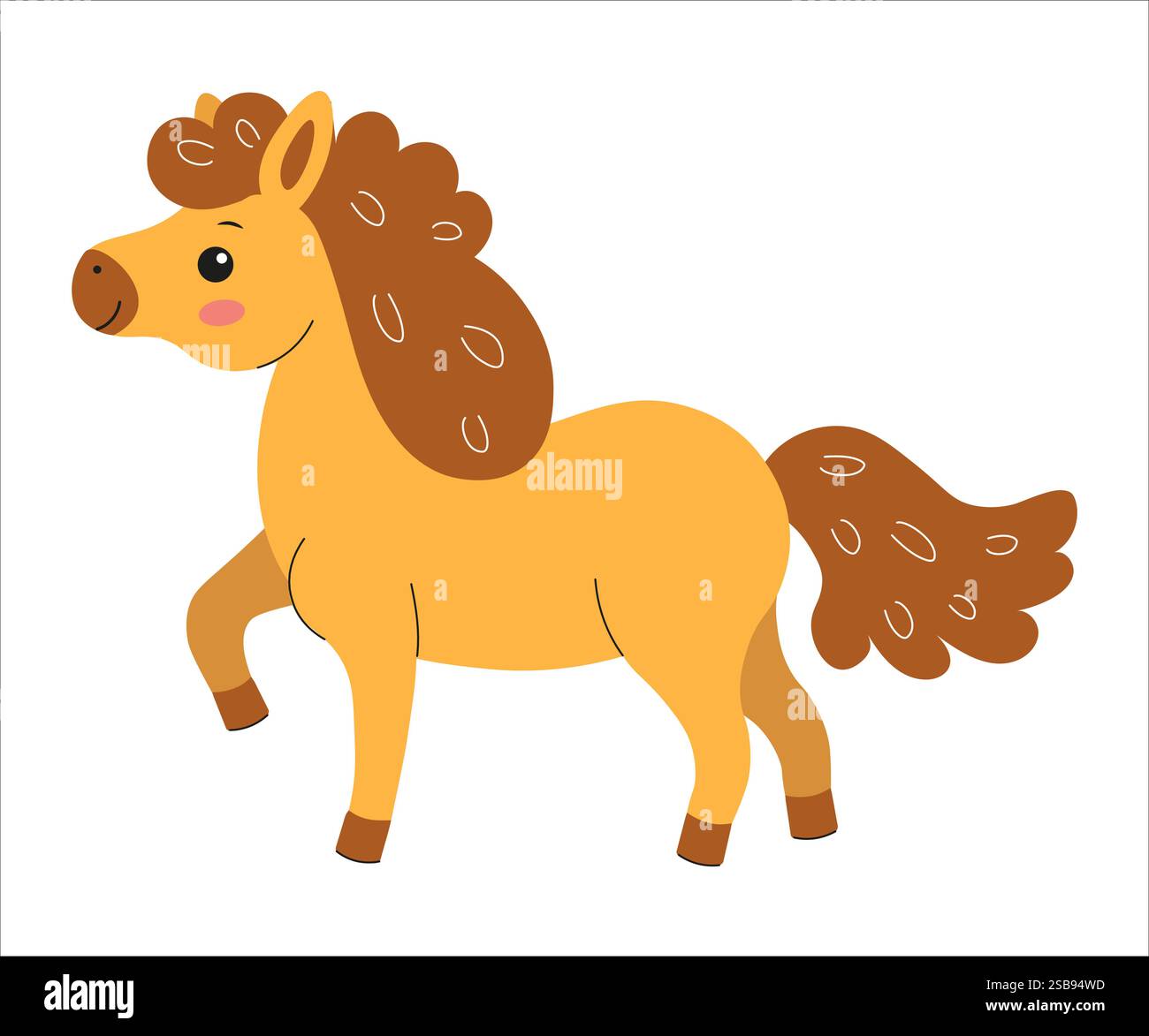 Cute cartoon pony with curly mane and cheerful expression in bright ...