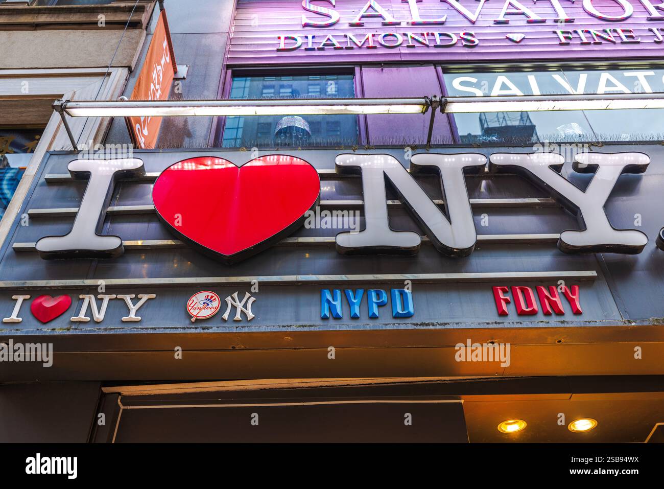 Close-up view of illuminated I Love NY sign with red heart symbol and ...