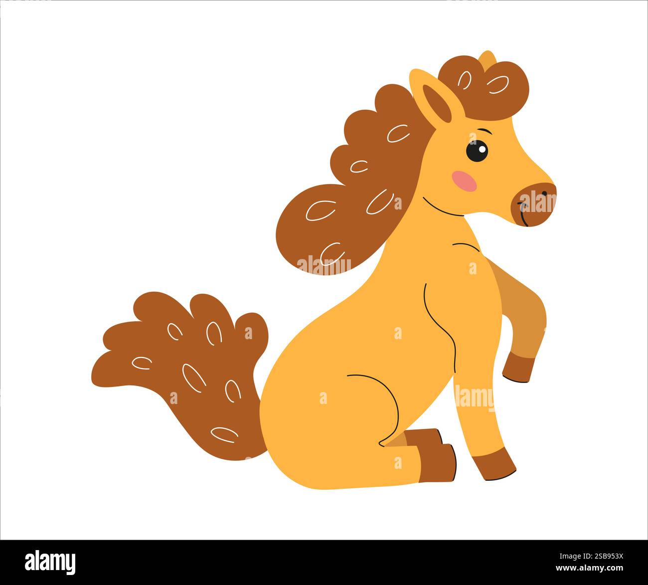 Cute cartoon horse with a curly mane sitting in a playful pose Stock ...